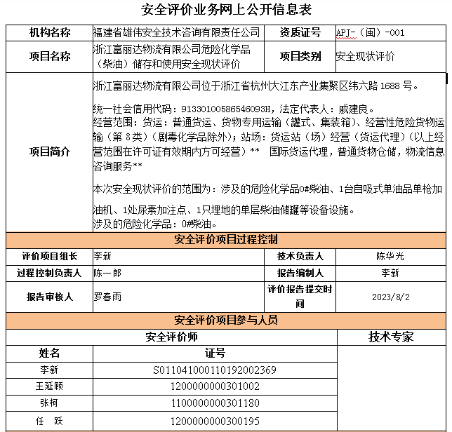 浙江富丽达物流有限公司危险化学品(柴油)储存和使用安全现状评价 安全评价项目公示2 福建省雄伟安全技术咨询有限责任公司