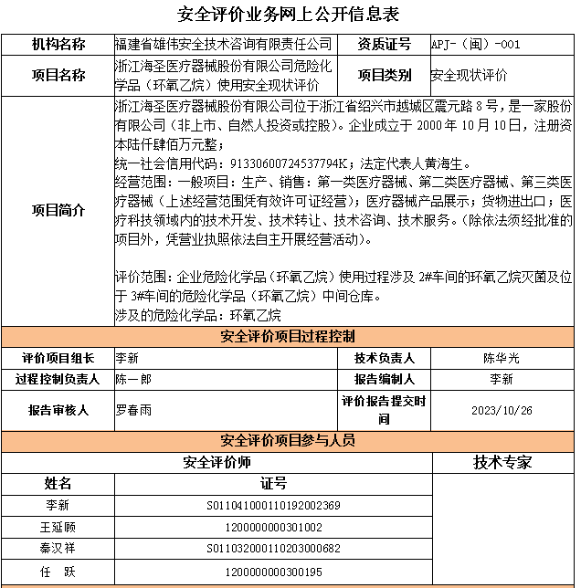 浙江海圣医疗器械股份有限公司危险化学品(环氧乙烷)使用安全现状评价 安全评价项目公示2 福建省雄伟安全技术咨询有限责任公司
